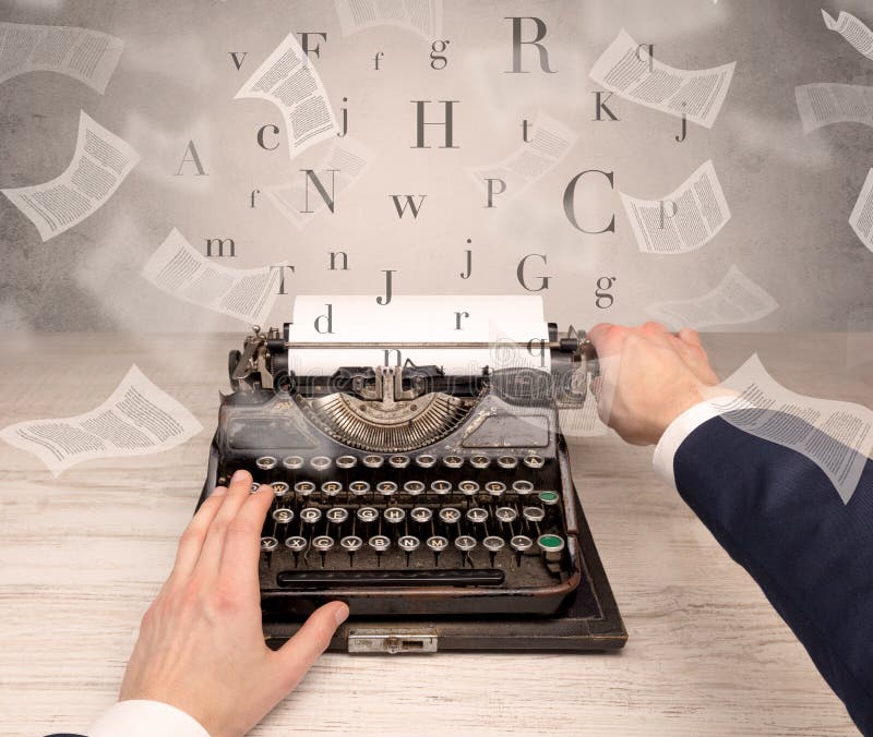 Hand Typewriting with Flying Documents Around Stock Photo - Image of ...