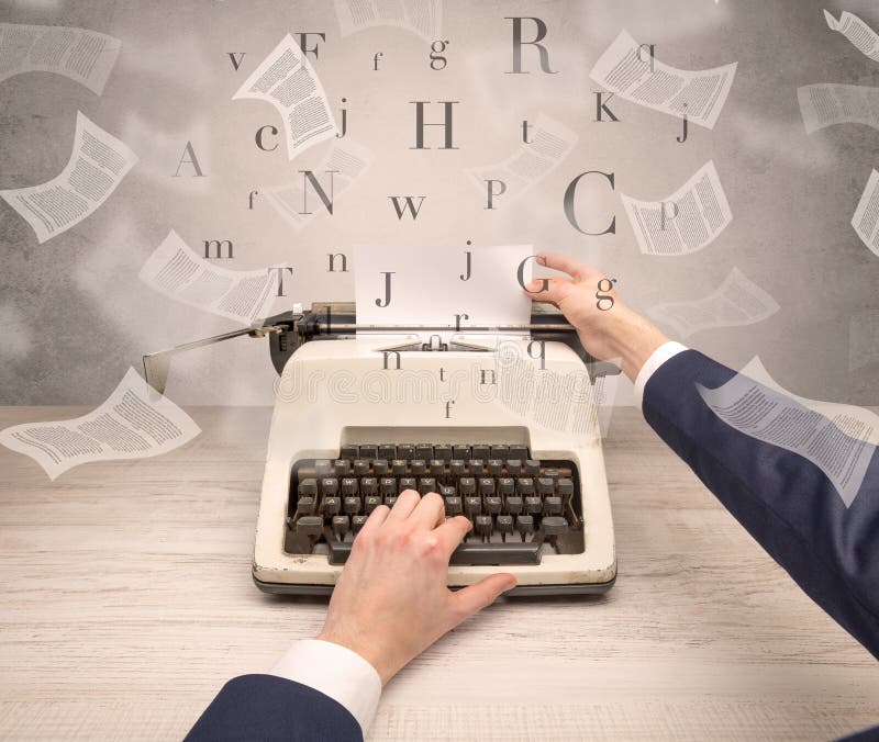 Hand Typewriting with Flying Documents Around Stock Photo - Image of ...