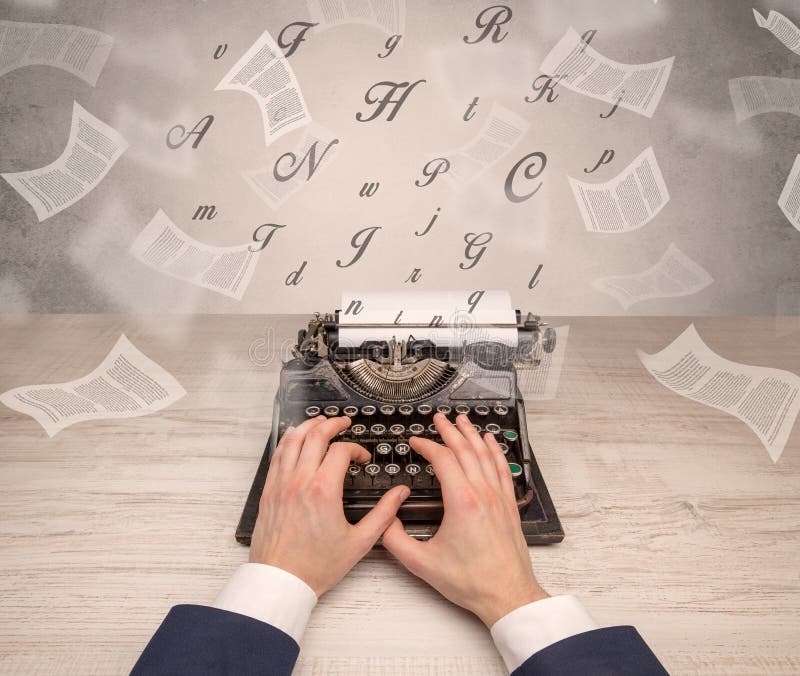 Hand Typewriting with Flying Documents Around Stock Photo - Image of ...
