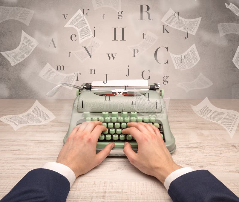 Hand Typewriting with Flying Documents Around Stock Photo - Image of ...
