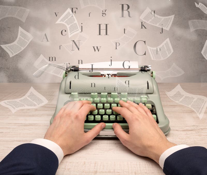 Hand Typewriting with Flying Documents Around Stock Image - Image of ...