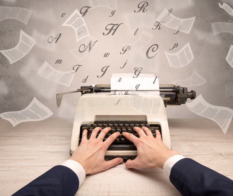Hand Typewriting with Flying Documents Around Stock Image - Image of ...