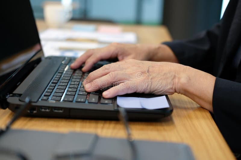 Hand Typing on Computer Laptop Keyboard Working at Home Office Stock ...
