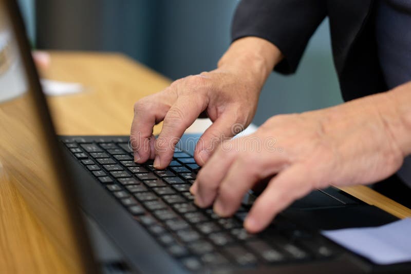 Hand Typing on Computer Laptop Keyboard Working at Home Office Stock ...