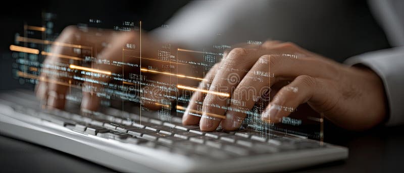 Hand Typing on a Glowing Keyboard with Dynamic Blue and Orange Lights ...
