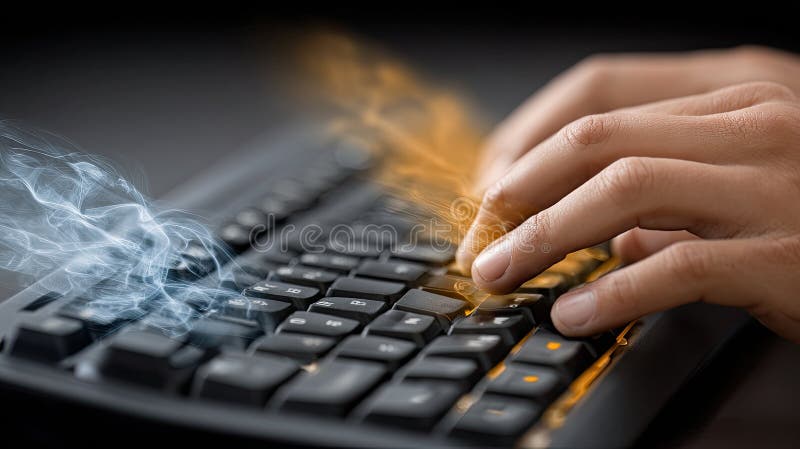 Hand Typing on a Glowing Keyboard with Dynamic Blue and Orange Lights ...