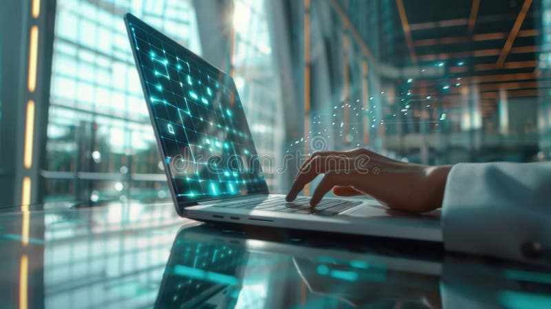 Hand on Futuristic Laptop.AI Generated Image Stock Photo - Image of ...