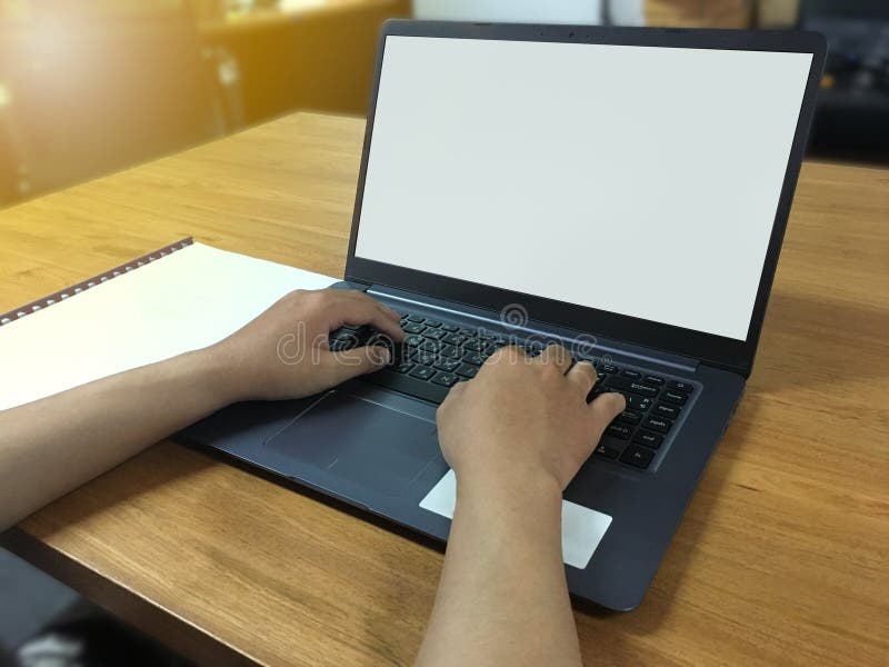 Hand Typing on Keyboard with Blank Screen of Laptop and Paper Stock ...