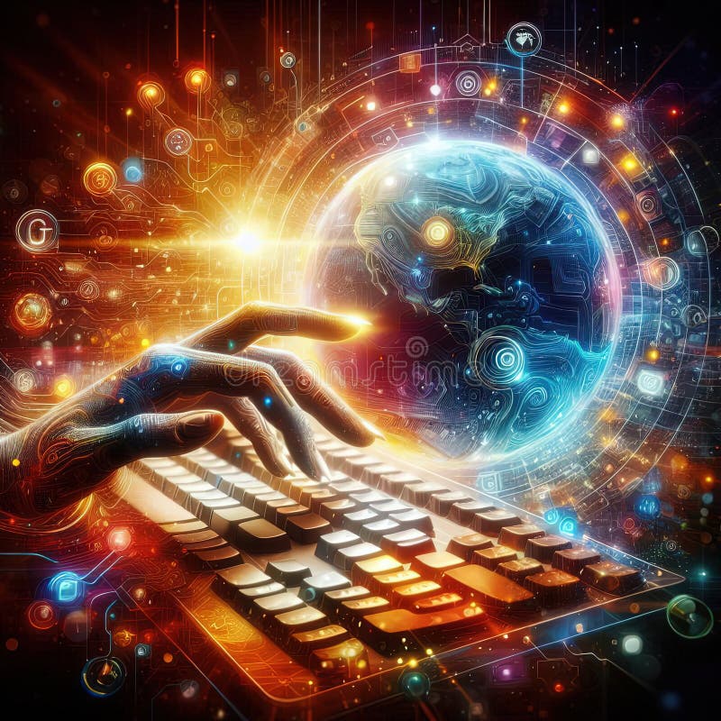 Hand Typing on Keyboard Creating Digital World with Earth. Future of ...