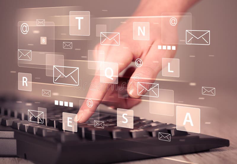 Hand Typing on Keyboard with Digital Tech Icons Stock Photo - Image of ...