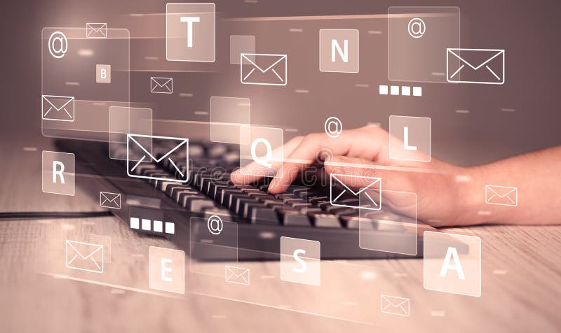 Hand Typing on Keyboard with Digital Tech Icons Stock Photo - Image of ...