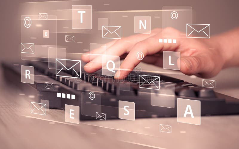 Hand Typing on Keyboard with Digital Tech Icons Stock Image - Image of ...