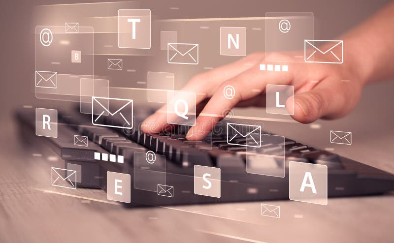 Hand Typing on Keyboard with Digital Tech Icons Stock Photo - Image of ...