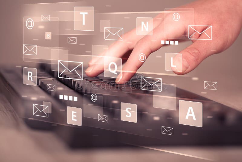 Hand Typing on Keyboard with Digital Tech Icons Stock Photo - Image of ...