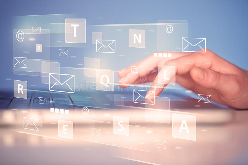 Hand Typing on Keyboard with Digital Tech Icons Stock Image - Image of ...