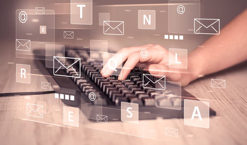 Hand Typing on Keyboard with Digital Tech Icons Stock Image - Image of ...