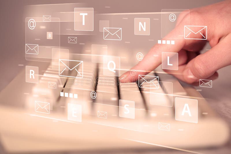 Hand Typing on Keyboard with Digital Tech Icons Stock Illustration ...