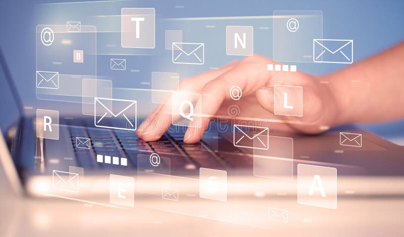 Hand Typing on Keyboard with Digital Tech Icons Stock Illustration ...