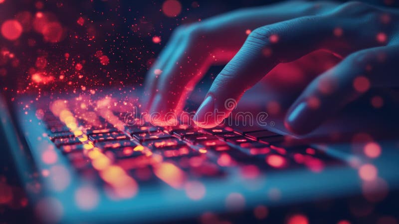 Hand Typing on Keyboard with Glowing Red Light Stock Illustration ...