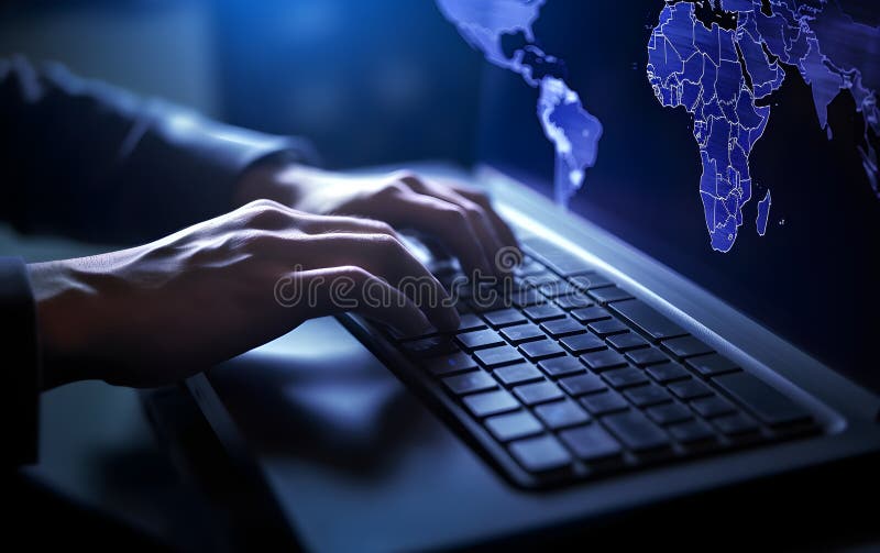 Hand Typing on a Keyboard with World Map in the Background Stock ...