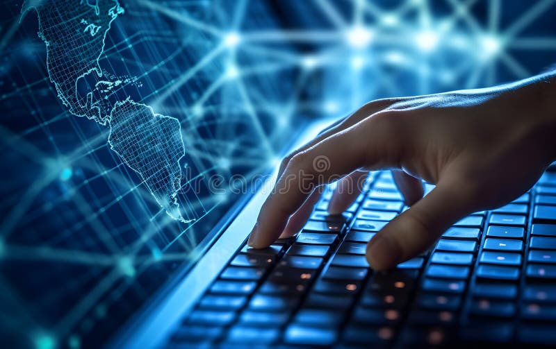 Hand Typing on a Keyboard with World Map in the Background Stock ...