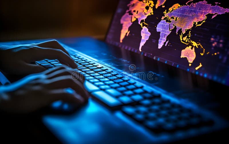 Hand Typing on a Keyboard with World Map in the Background Stock ...