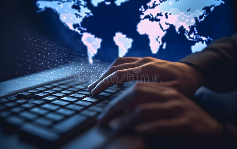 Hand Typing on a Keyboard with World Map in the Background Stock ...