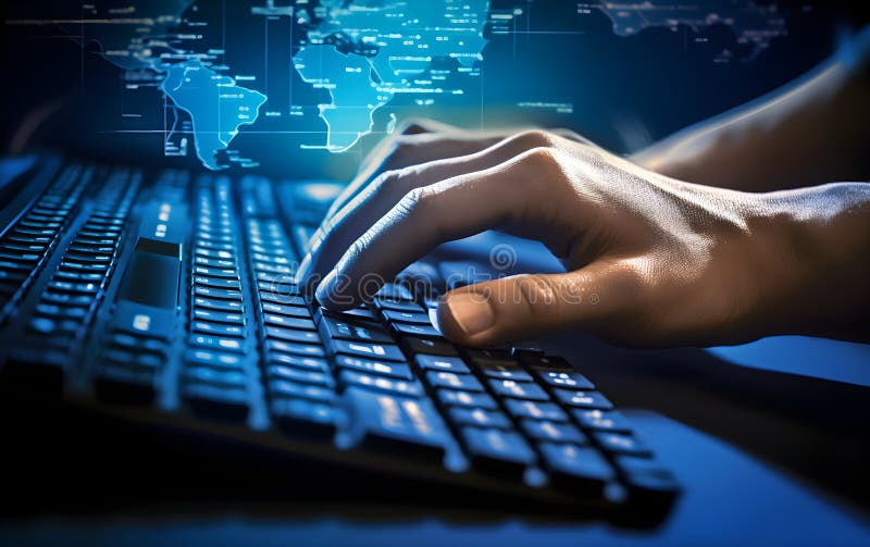 Hand Typing on a Keyboard with World Map in the Background Stock ...