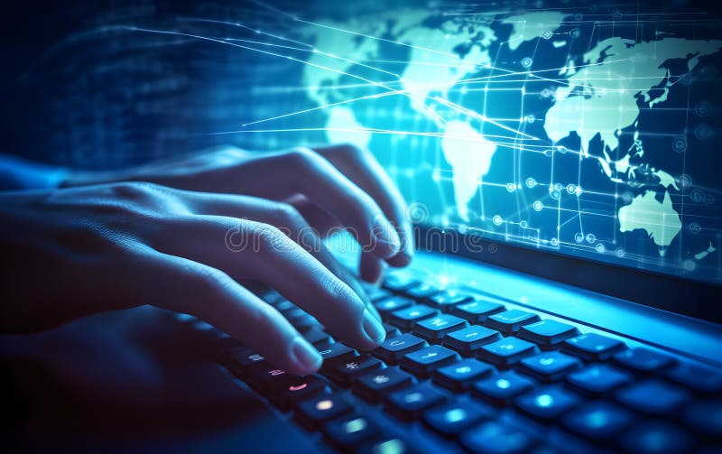 Hand Typing on a Keyboard with World Map in the Background Stock ...