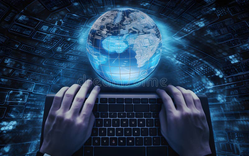 Hand Typing on a Keyboard with World Map in the Background Stock ...