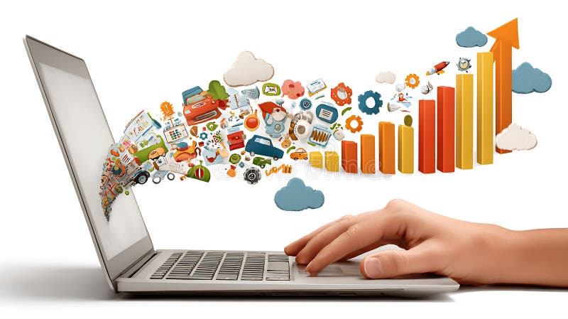 Hand Typing on Laptop with Colorful Data Stream and Growth Chart Stock ...