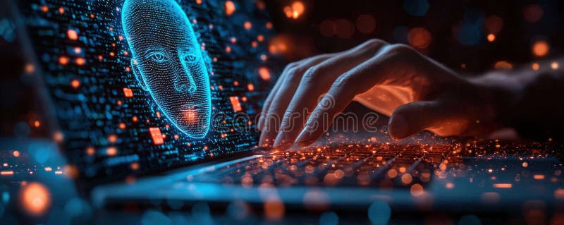 A Hand Typing on a Laptop Featuring a Glowing Digital Face Interface ...