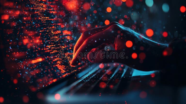 Hand Typing on a Laptop with Floating Digital Code Stock Image - Image ...