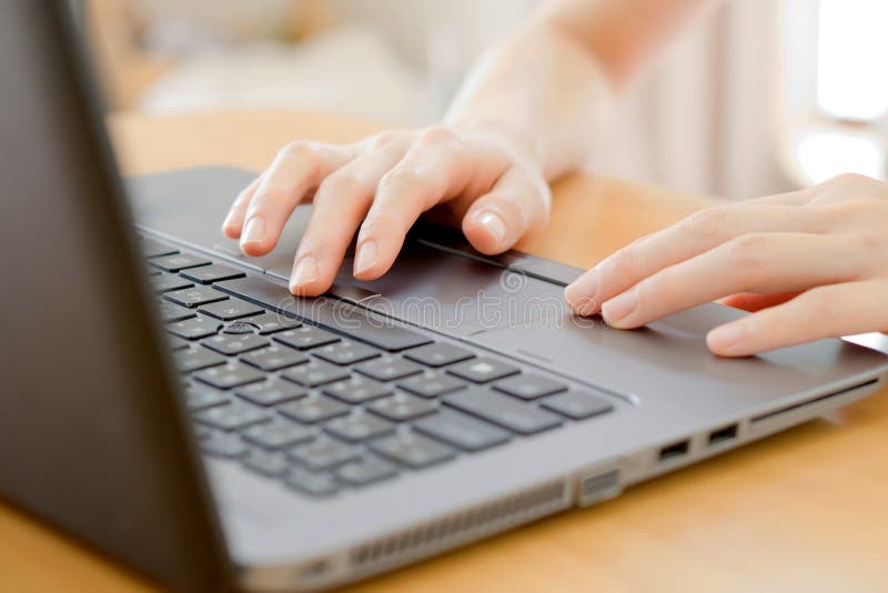 Hand Typing with Laptop. Focus on His Finger Stock Image - Image of ...