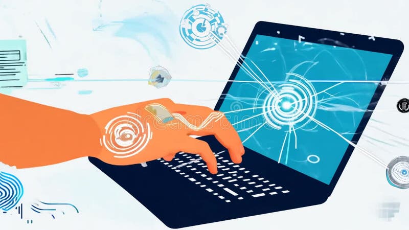 A Hand is Typing on a Laptop Keyboard. the Screen Shows a Blue ...