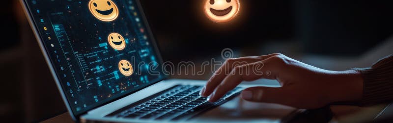 A Hand is Typing on a Laptop, Surrounded by Floating Happy Face Icons ...