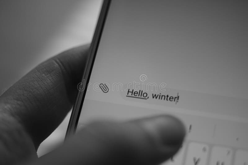 Hand Typing on a White Smartphone a Message Hello, Winter Stock Image ...