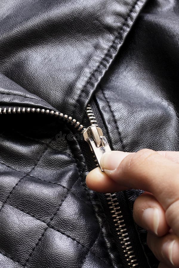 Hand Unbuttones Lock of Black Leather Jacket Stock Image - Image of ...