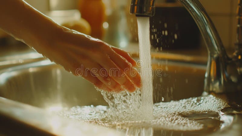 Hand Under Running Water in Kitchen Sink with Sunlight Reflection Stock ...