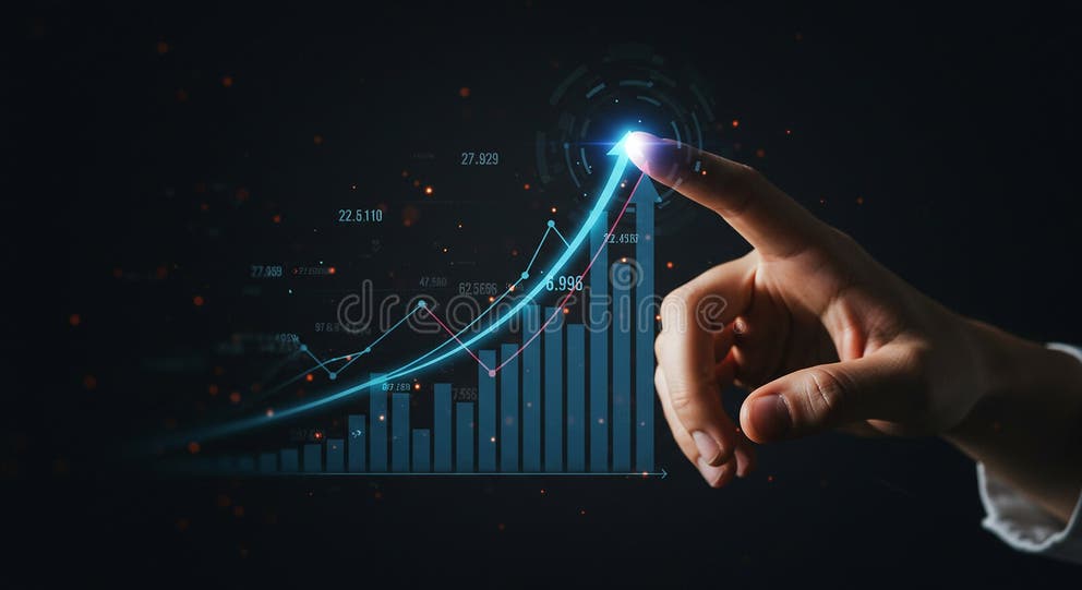A Hand Up Close Points at a Glowing Graphic Interface Displaying a Blue ...