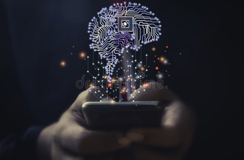 Hand Use Mobile Phone and Human Head with Line Brain Network Technology ...