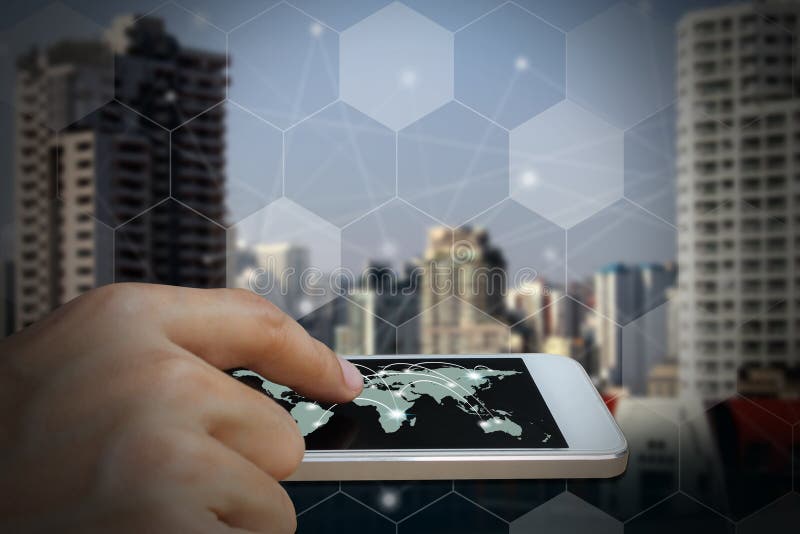 Hand Use Smartphone with Network Connection of World Map Stock Photo ...