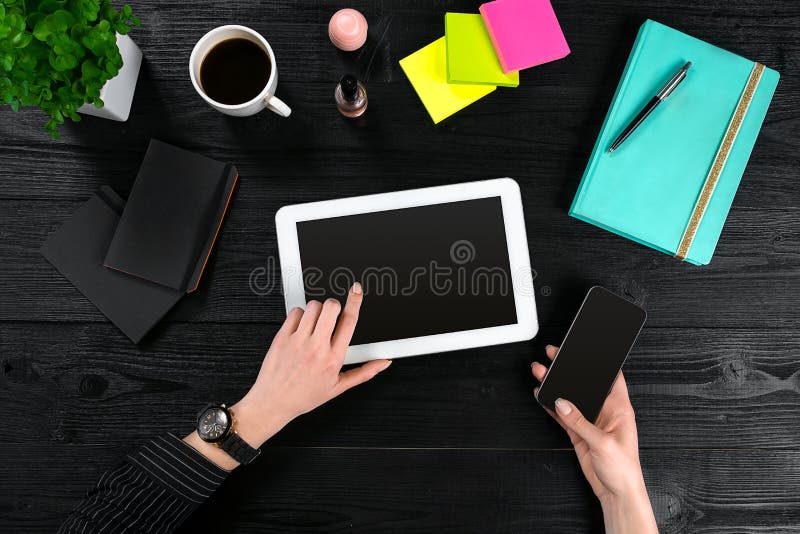 Hand Use Tablet on Desk Table Top View Stock Image - Image of media ...