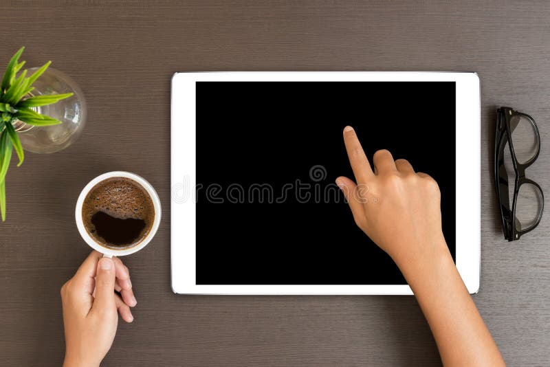 Hand Use Tablet on Desk Table Top View Stock Photo - Image of mock ...