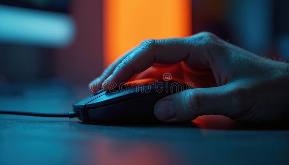 Hand Uses Computer Mouse. Person Clicks Scrolling Wheel on the Desk ...