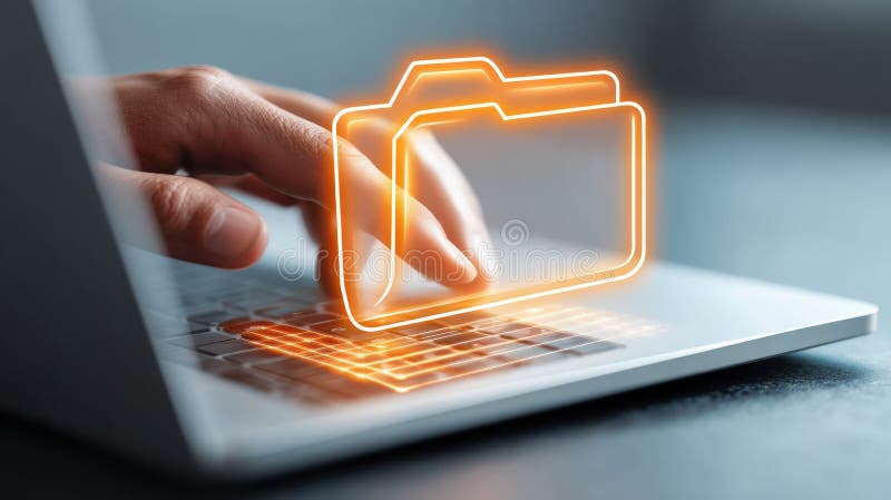 A Hand Uses a Laptop, with a Glowing Folder Icon on the Screen ...