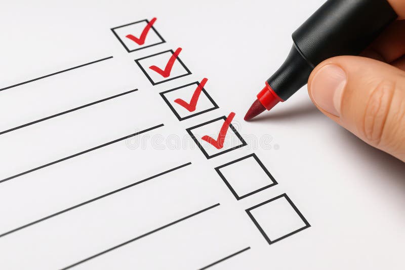 Hand Marking Multiple Items on a Checklist with a Red Marker for Task ...