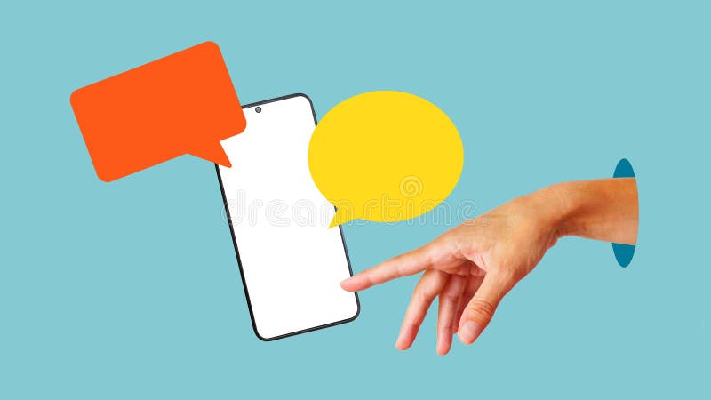 Hand Uses Smartphone Typing Message with Dialogue Bubbles. Blank with ...