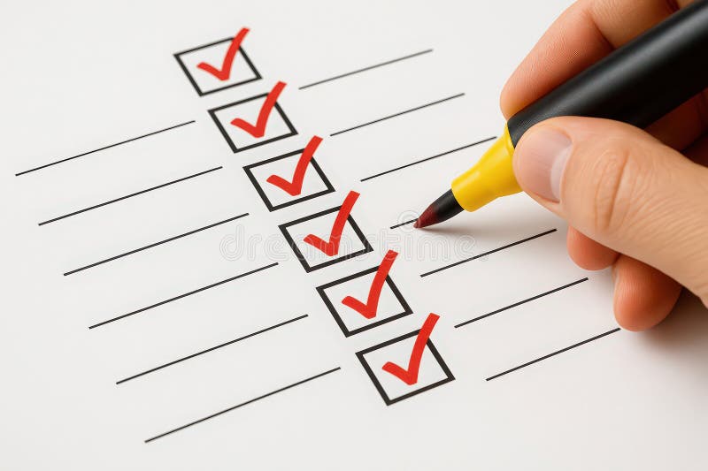 Hand Marking a Checklist with a Yellow Marker for Task Completion and ...