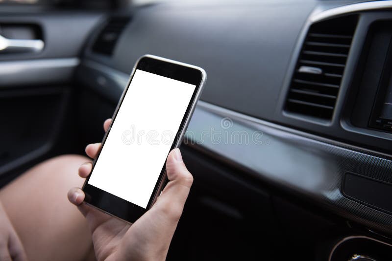 Hand Using Blank White Screen Mobile Smartphone Inside a Car in Sunny ...